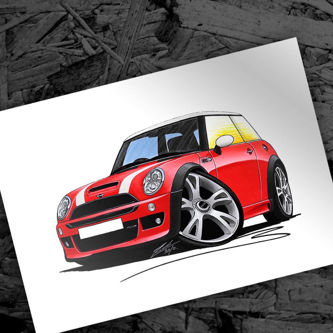 MINI Cooper S Works Red Classic Car Art Cartoon Illustration Printable ...