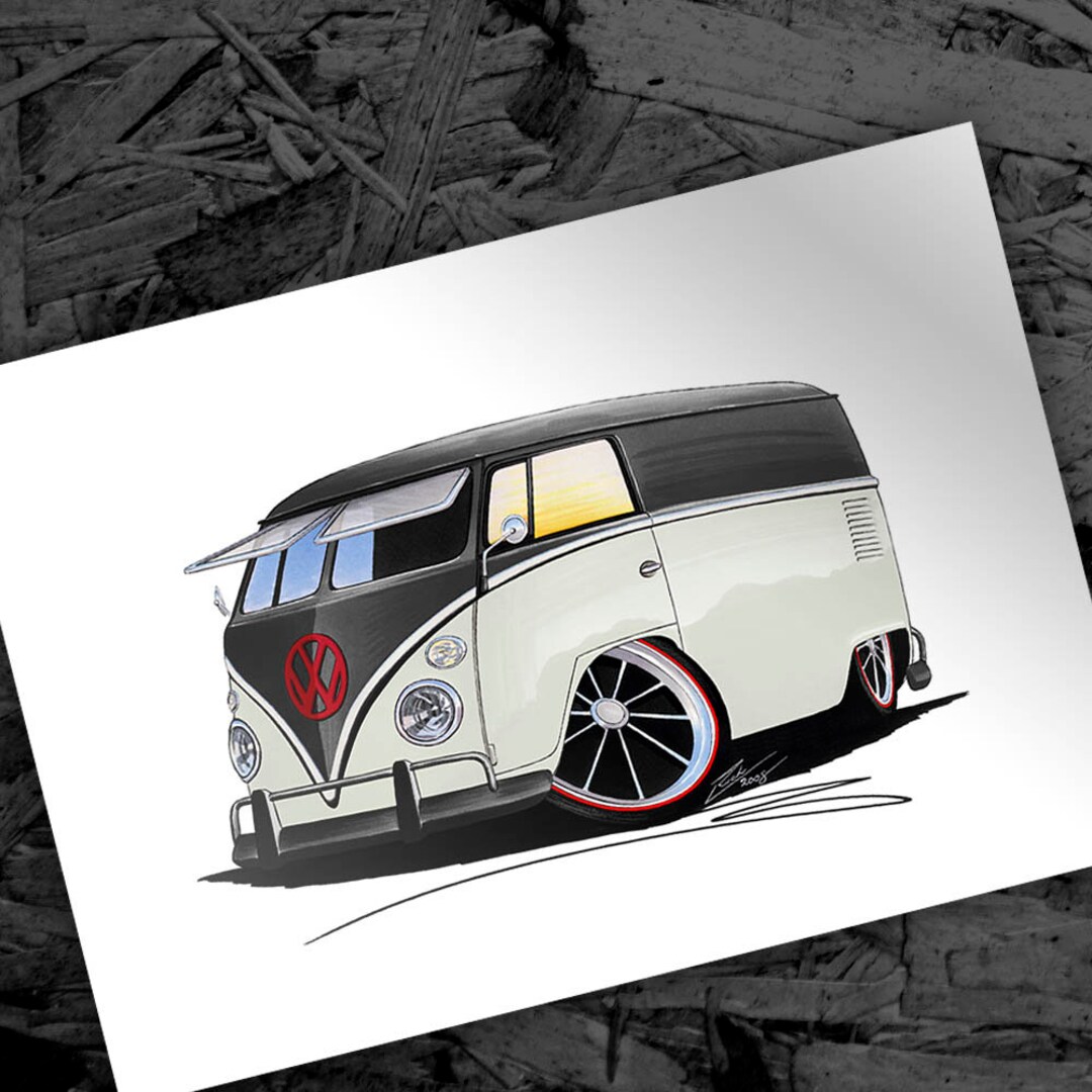 Retro Camper VW Splitty Bus Caricature Car Art Cartoon Split-screen ...