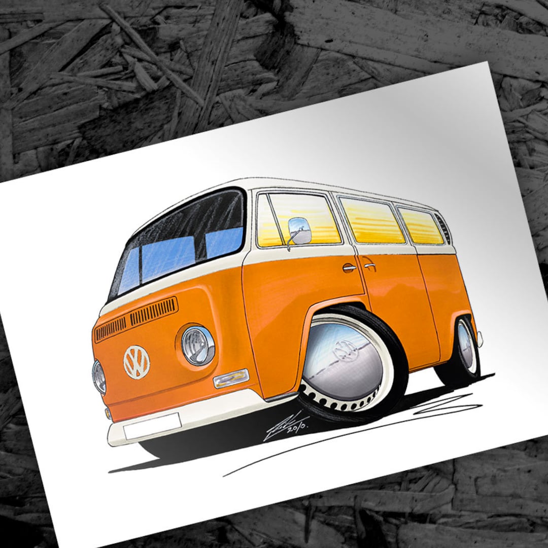 Retro Camper VW Bay Bus Caricature Car Art Cartoon Orange Bay Campervan ...