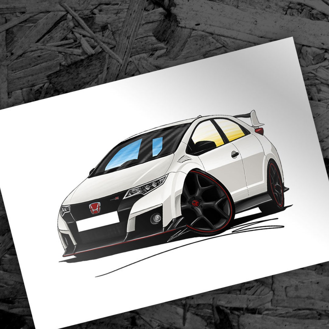 Honda Civic Type-r FK2 White Caricature Car Art Cartoon JDM Car Illustration Downloadable Wall ...