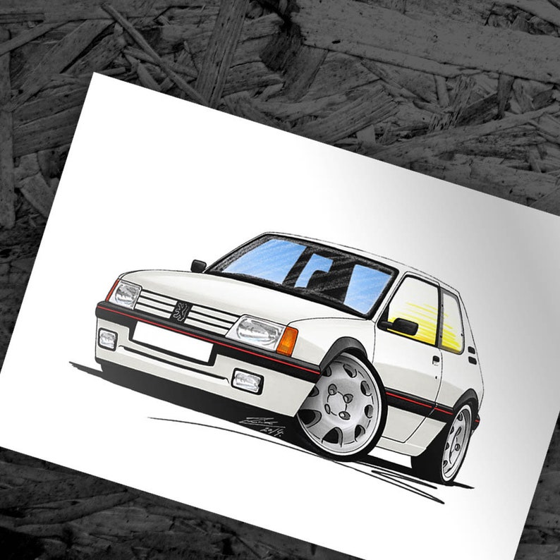 Peugeot 205 Gti Classic Car Art Cartoon Illustration White - Etsy