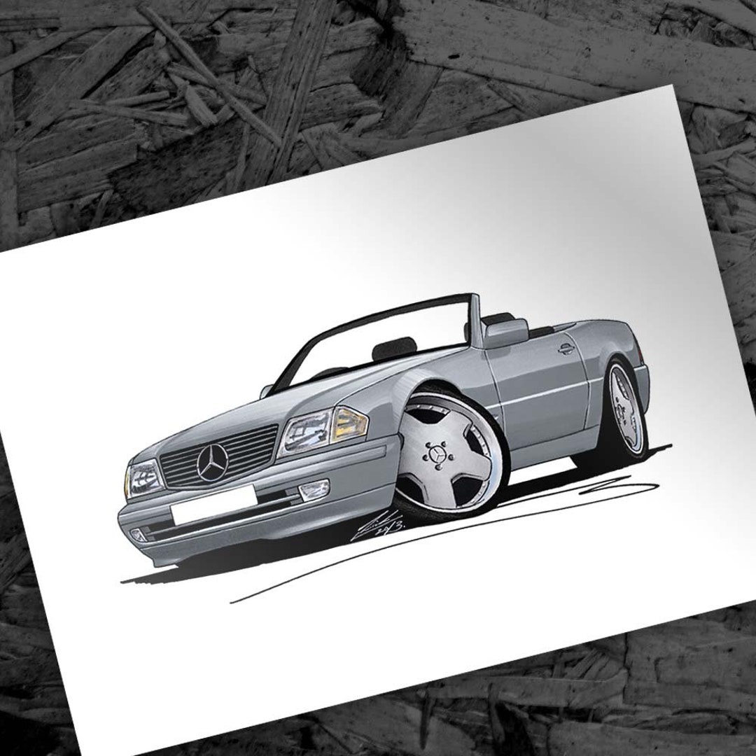 Mercedes SL Silver Car Art Cartoon Poster Illustration Silver R129 Merc ...