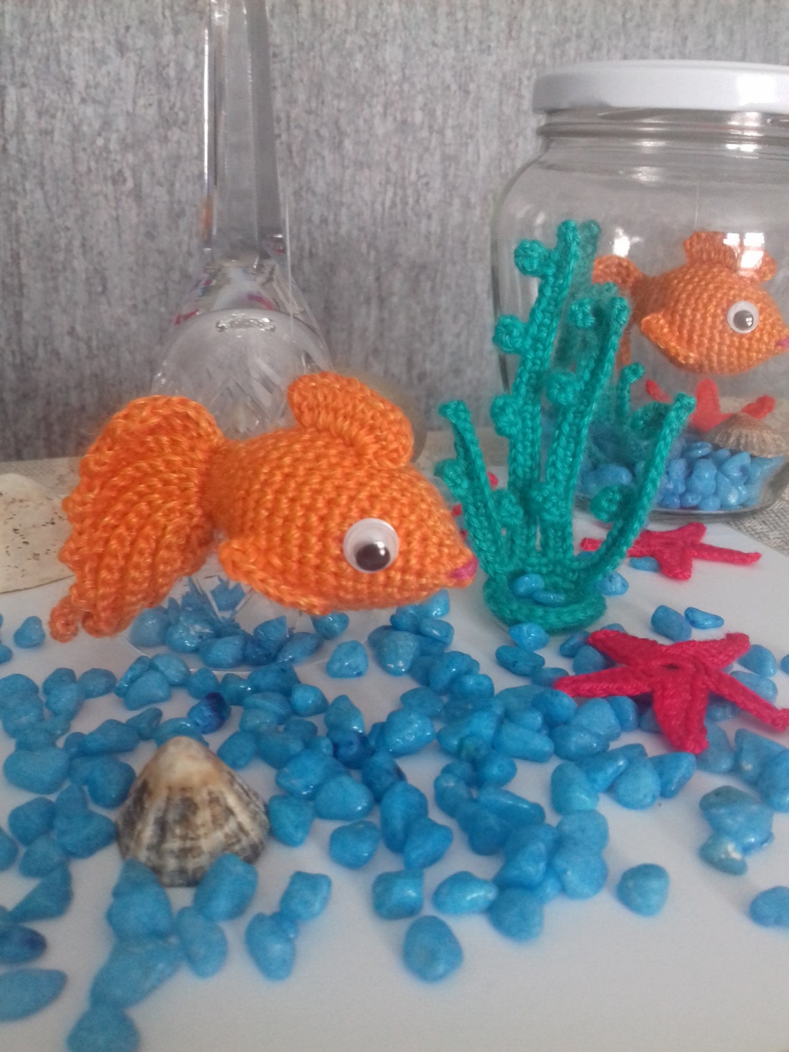 Small Aquarium Set Set With Gold Fish Starfish Water Grass - Etsy