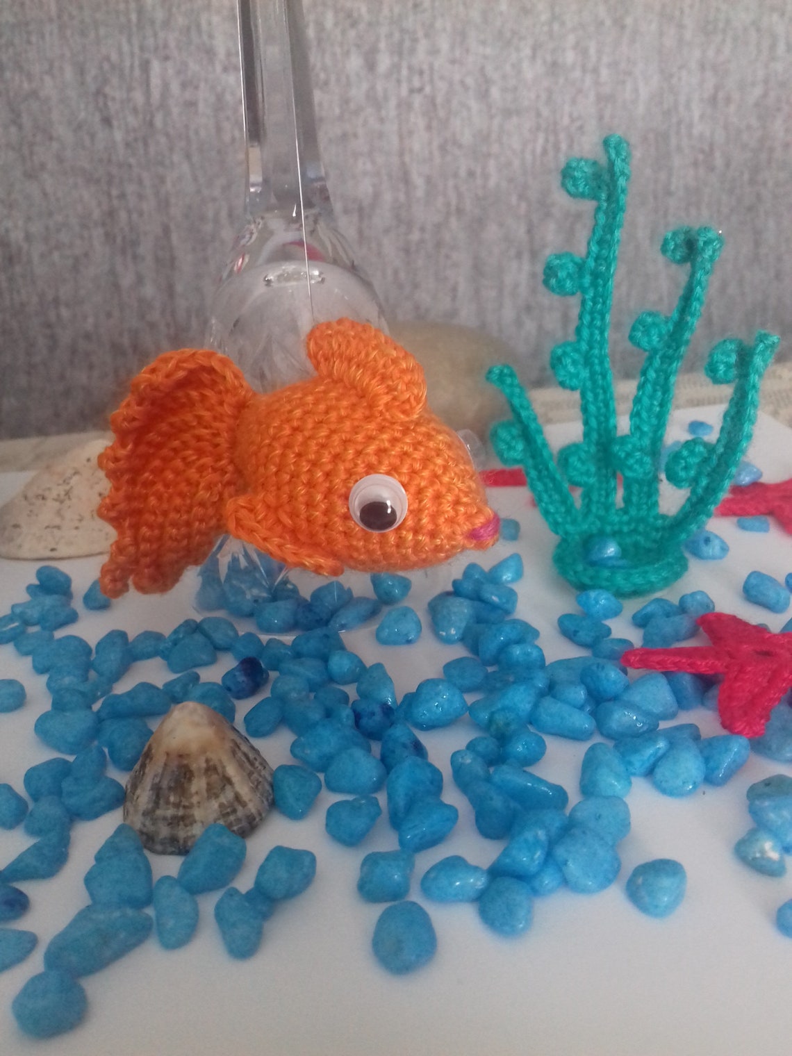 Small Aquarium Set Set With Gold Fish Starfish Water Grass - Etsy