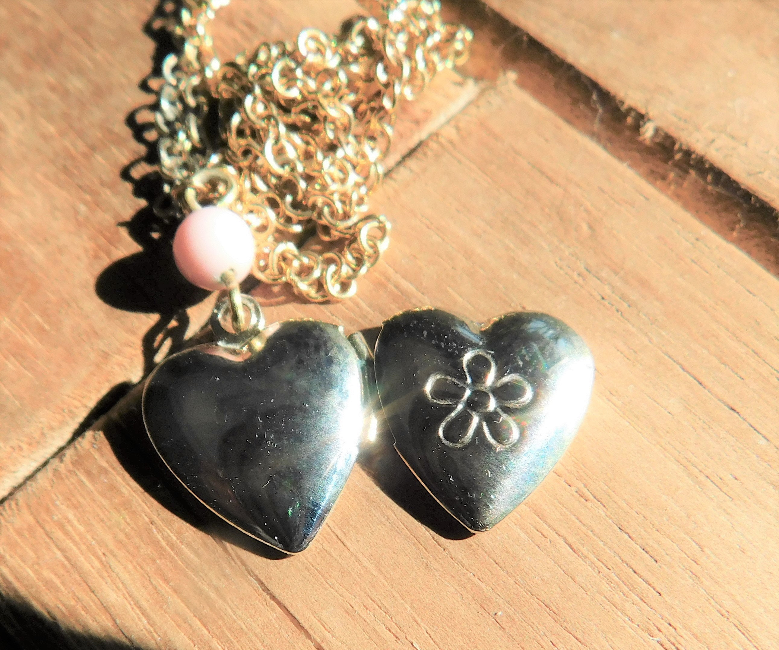 Small Gold Heart Locket, Etched Center Flower, Baby, Girl Gift, Pink ...