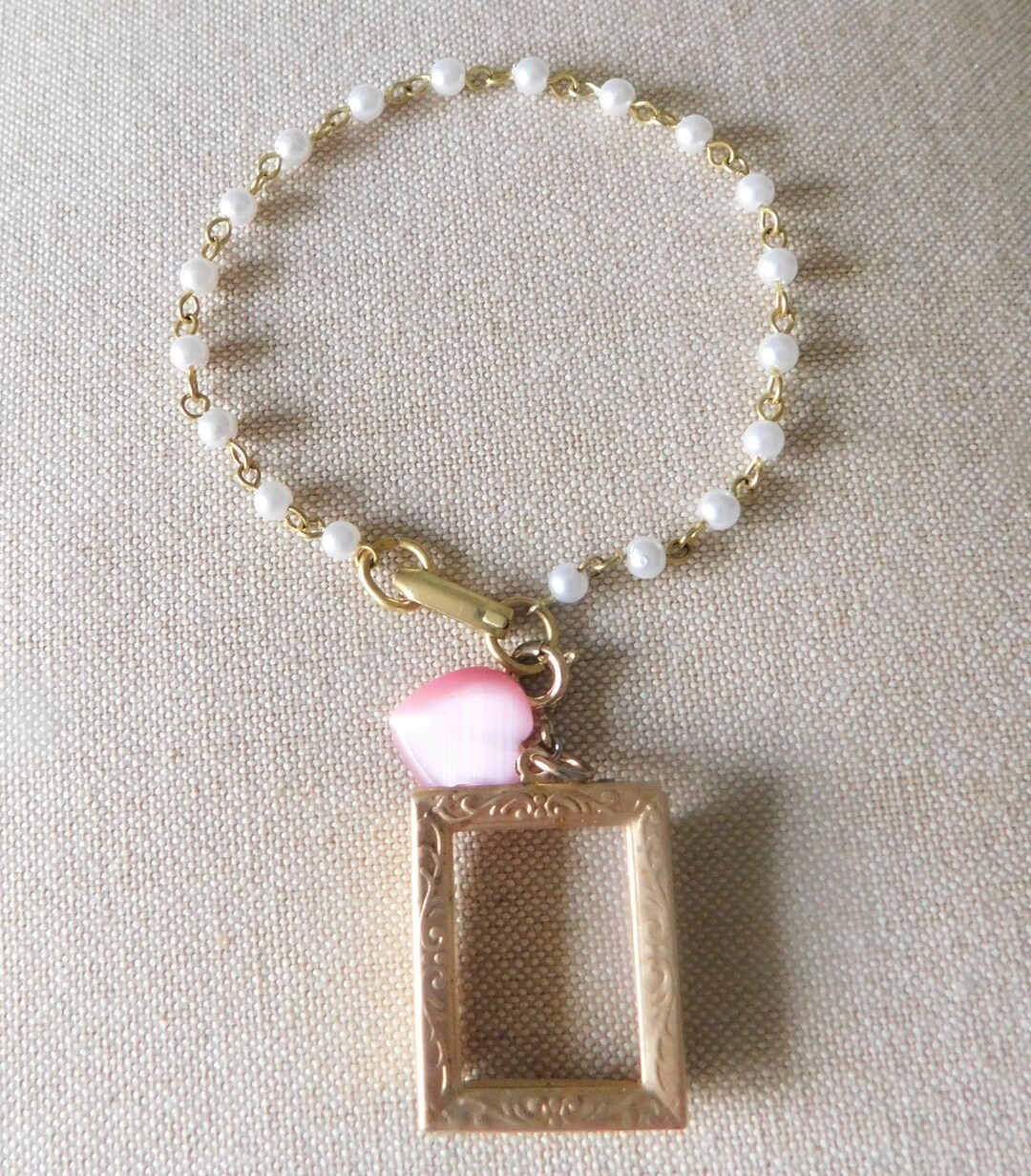 Picture Frame Charm Bracelet With Pink Glass Heart on Pearl - Etsy