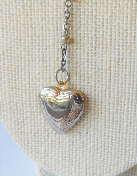 Small Spring Silver Heart Locket on Long Pastel Pearl… - Gem