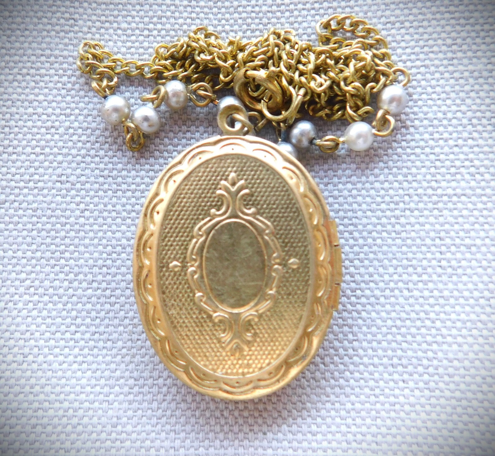 Vintage Oval Etched Locket, Special Gift, Center Bezeled Pearl, Pastel ...