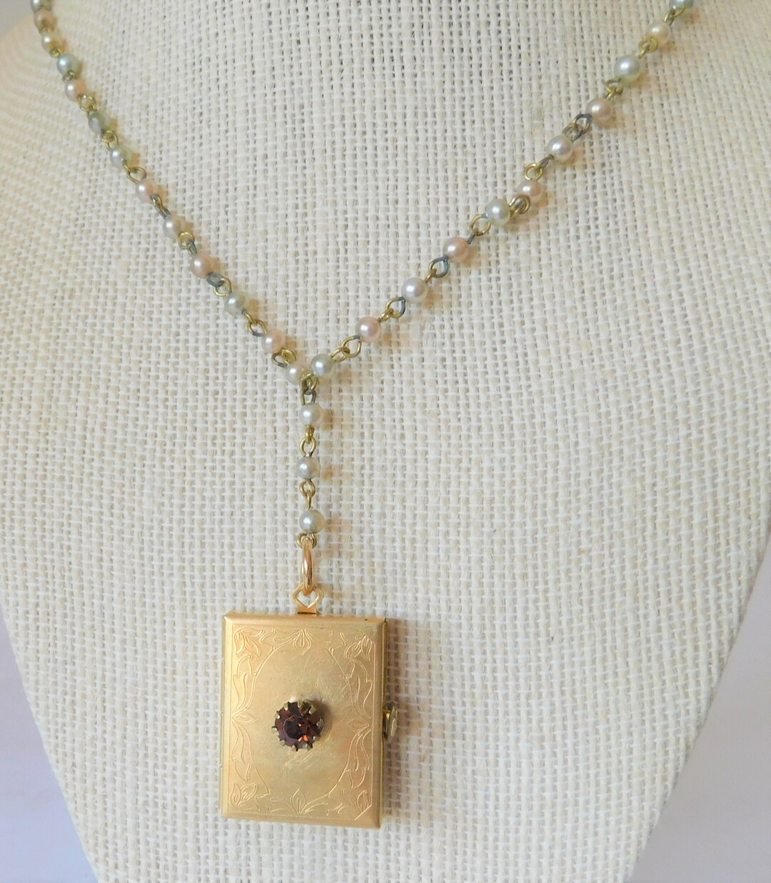 Gold Etched Square Locket, Holiday Locket Gifts, Vintage Fine Pearl Y ...