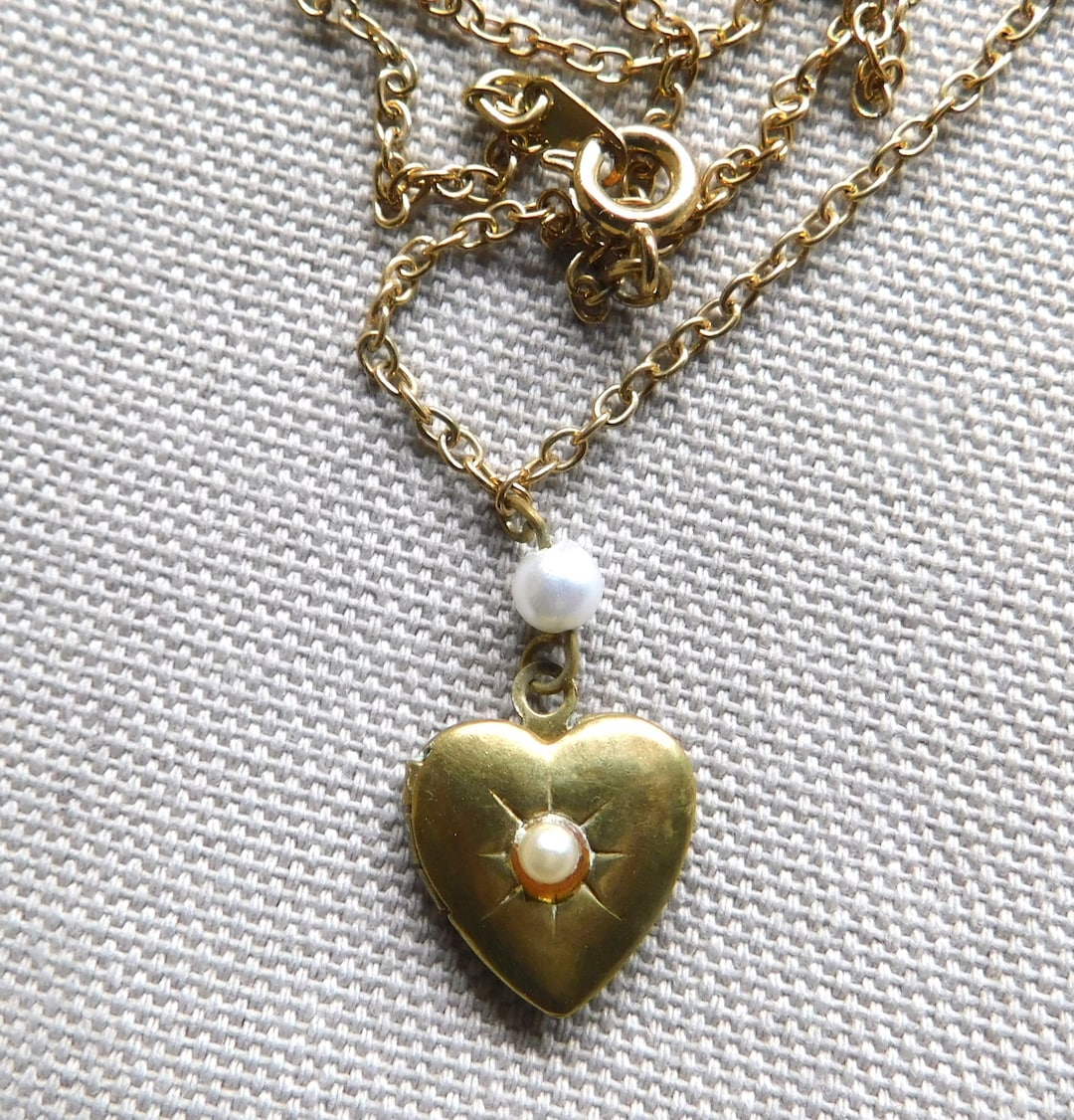 Small Gold Heart Locket With Seed Pearl, Vintage, Gold-plate Chain ...