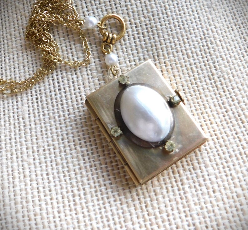 Gold Square Locket, Vintage, Two Photo, Large Oval Pearl Bezeled Stone ...