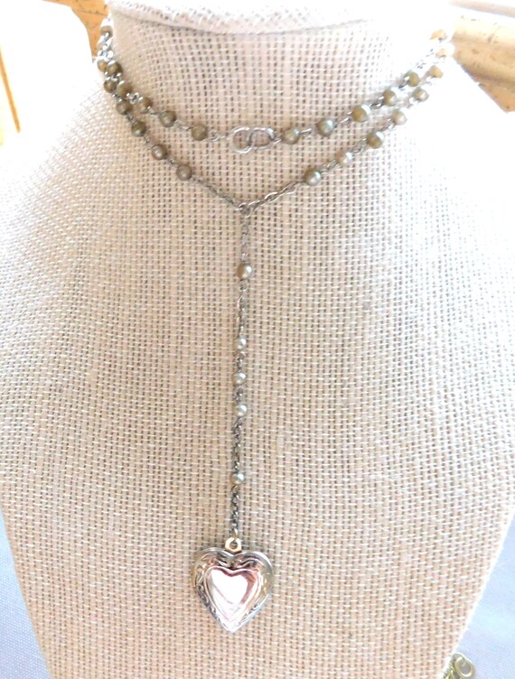 Small Spring Silver Heart Locket on Long Pastel Pearl… - Gem