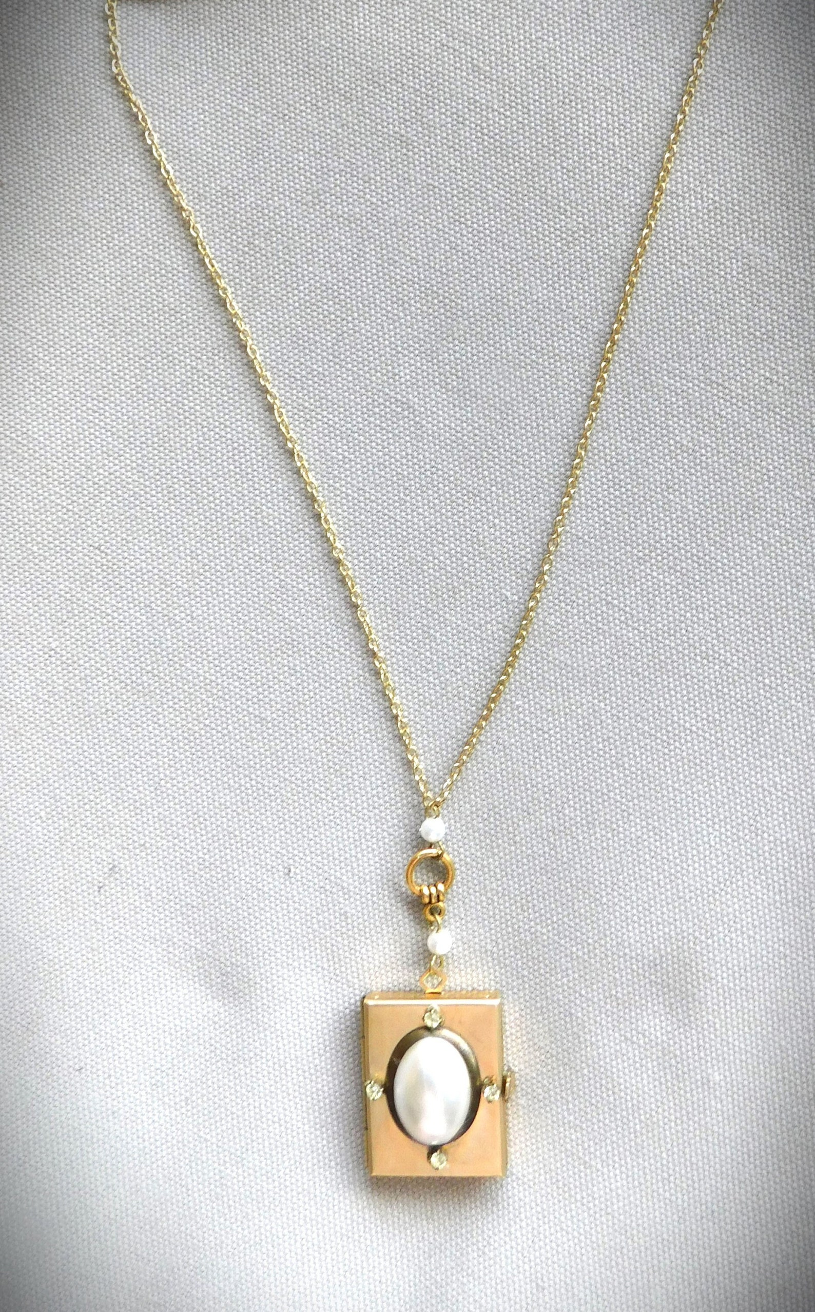Gold Square Locket, Vintage, Two Photo, Large Oval Pearl Bezeled Stone ...