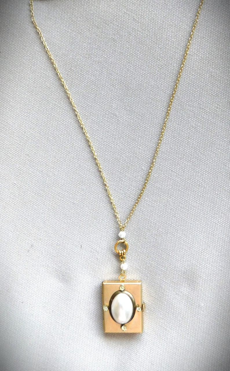 Gold Square Locket, Vintage, Two Photo, Large Oval Pearl Bezeled Stone ...