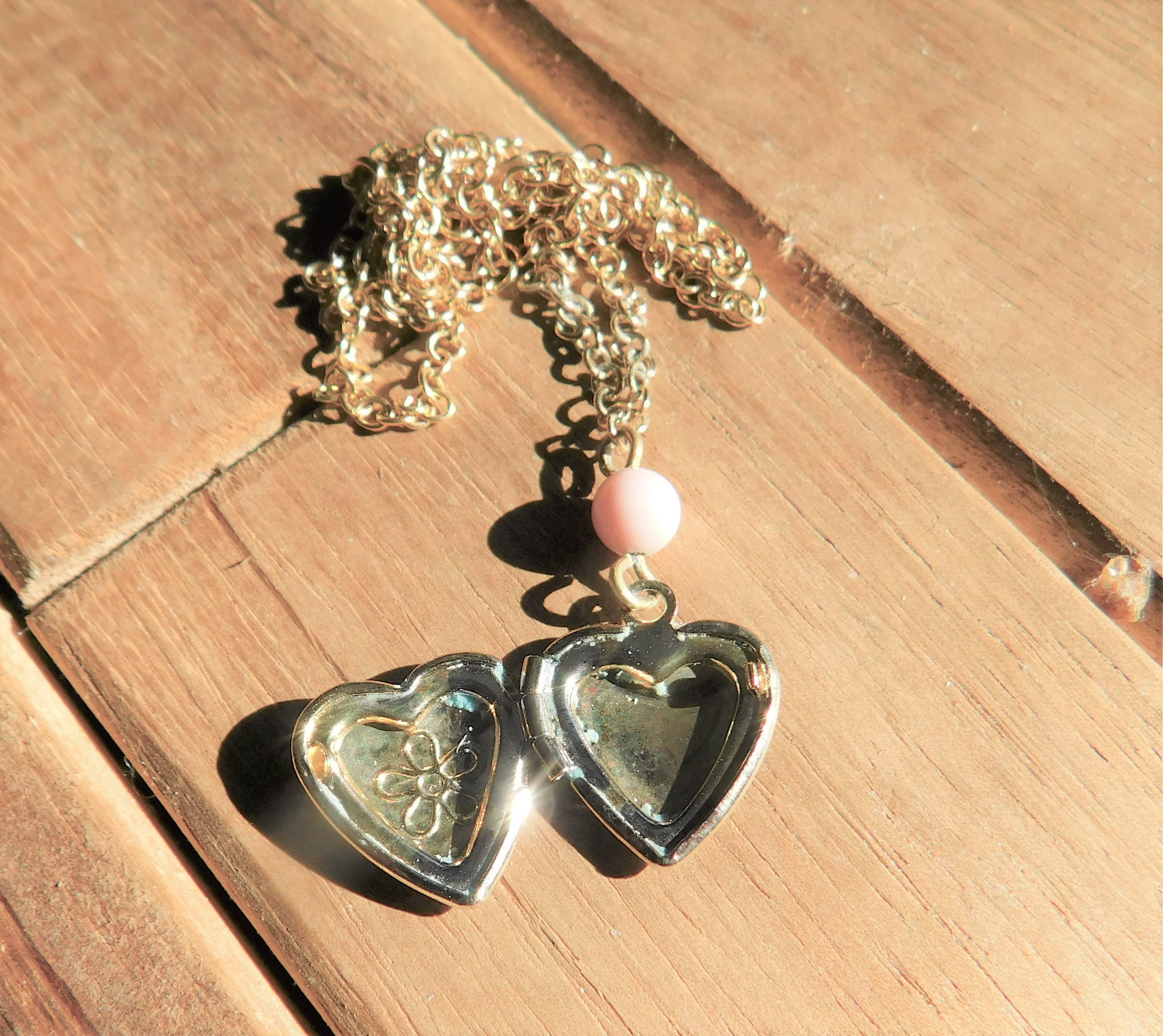 Small Gold Heart Locket, Etched Center Flower, Baby, Girl Gift, Pink ...