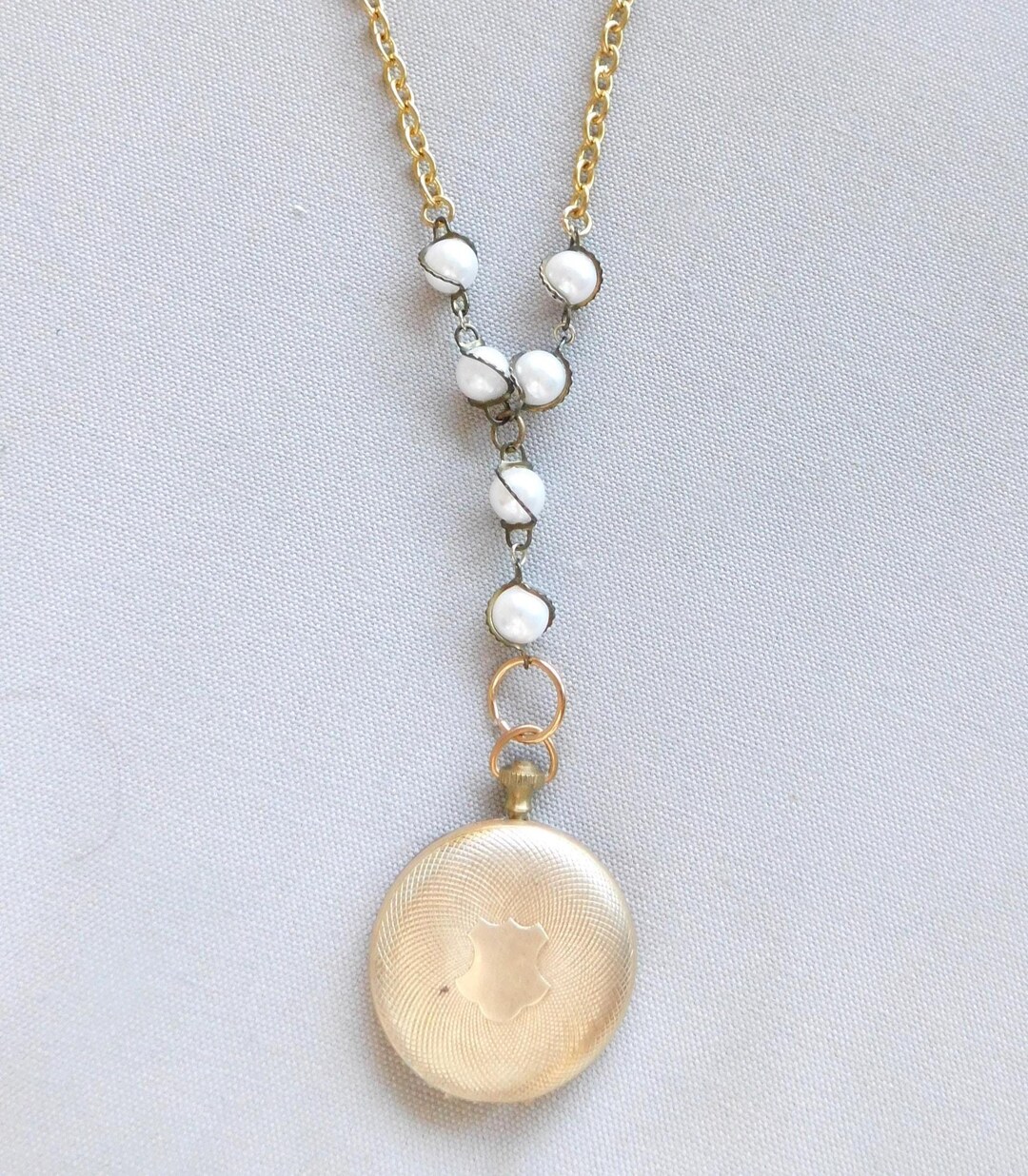 Vintage Gold Pocket Watch Locket Necklace, Pearl Bead Y-chain ...