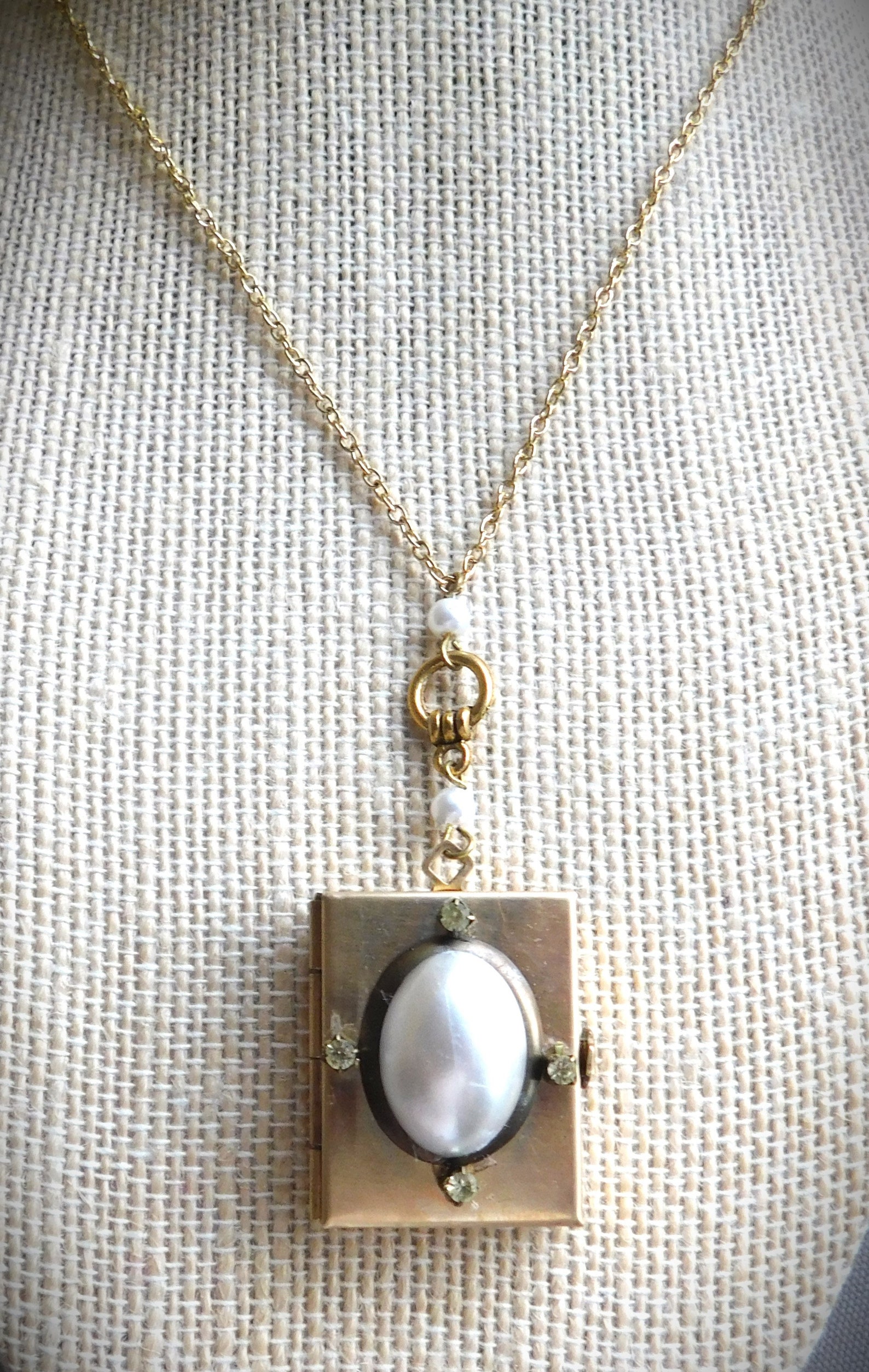 Gold Square Locket, Vintage, Two Photo, Large Oval Pearl Bezeled Stone ...