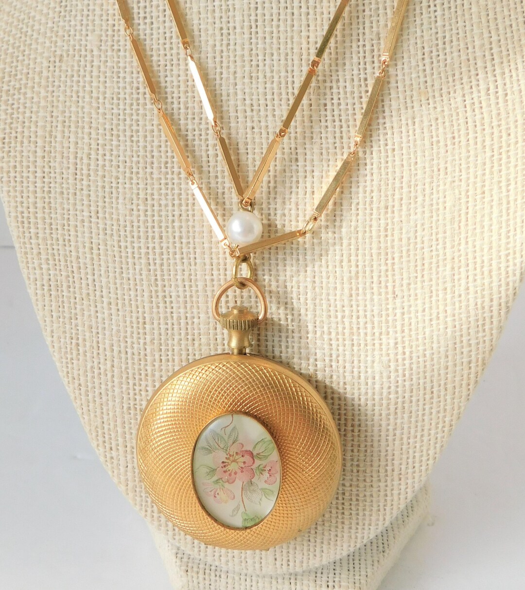 Pocket Watch Locket, Necklace, Vintage, Romantic Revival, Pink Dogwood ...