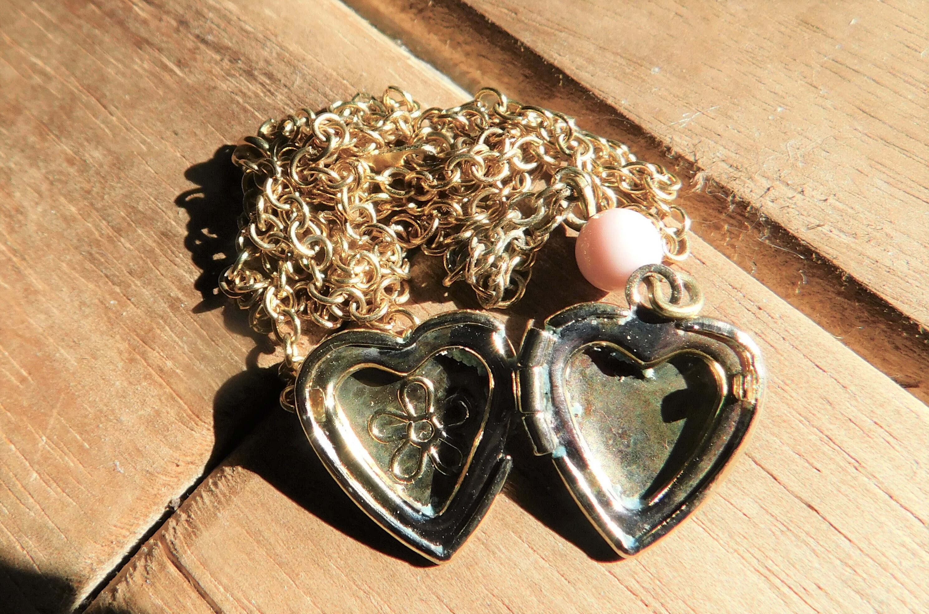 Small Gold Heart Locket, Etched Center Flower, Baby, Girl Gift, Pink ...