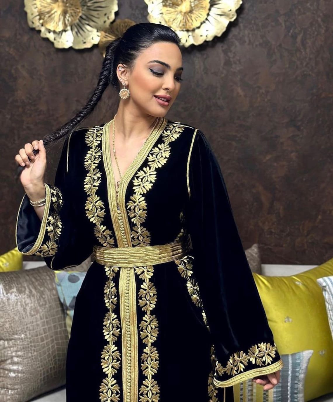 Moroccan Kaftan Abaya, Black Velvet Embroidered Caftan , Fancy Party ...