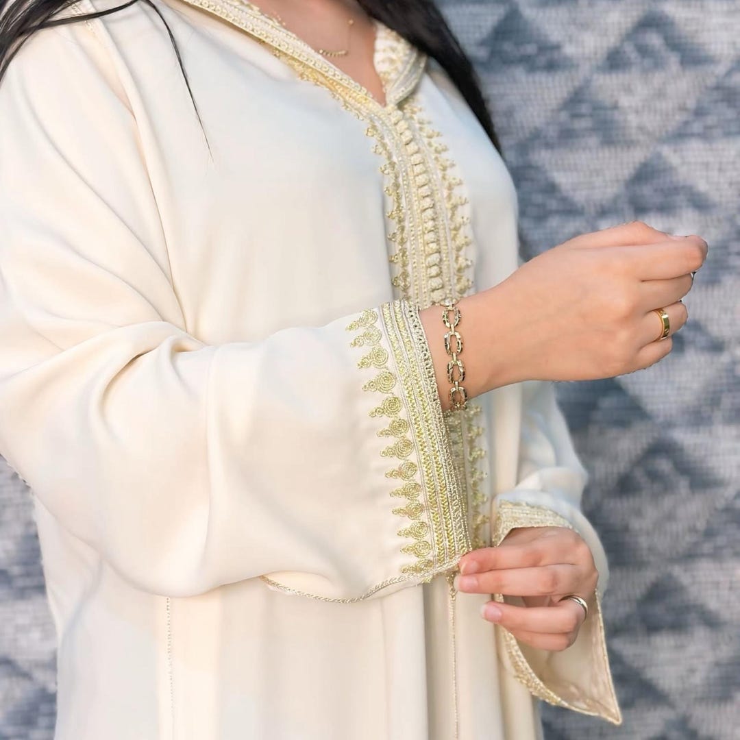 White Moroccan Jellaba With Gold Embroidery, Modest Kaftan Abaya for ...