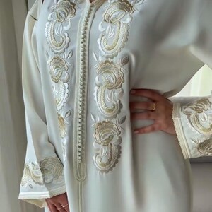Luxury White Moroccan Jellaba With Gold Embroidery, Elegant Handmade ...