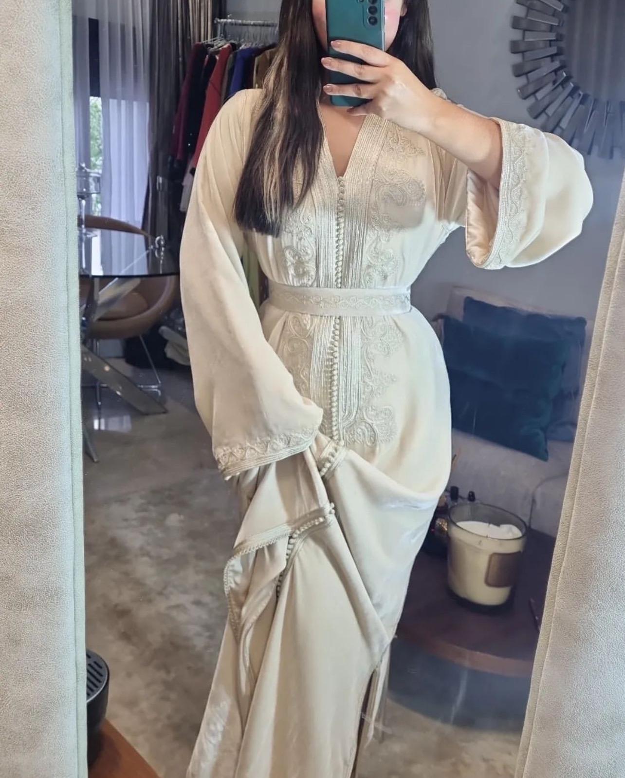 Moroccan Luxury Velvet Kaftan, Ivory Embroidered Caftan, Nikah Dress ...