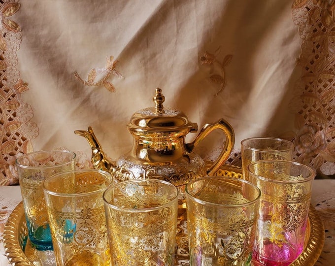 Moroccan Handmade Tea Set, 6 Cups Tea Glasses, Handmade Silver Plated ...