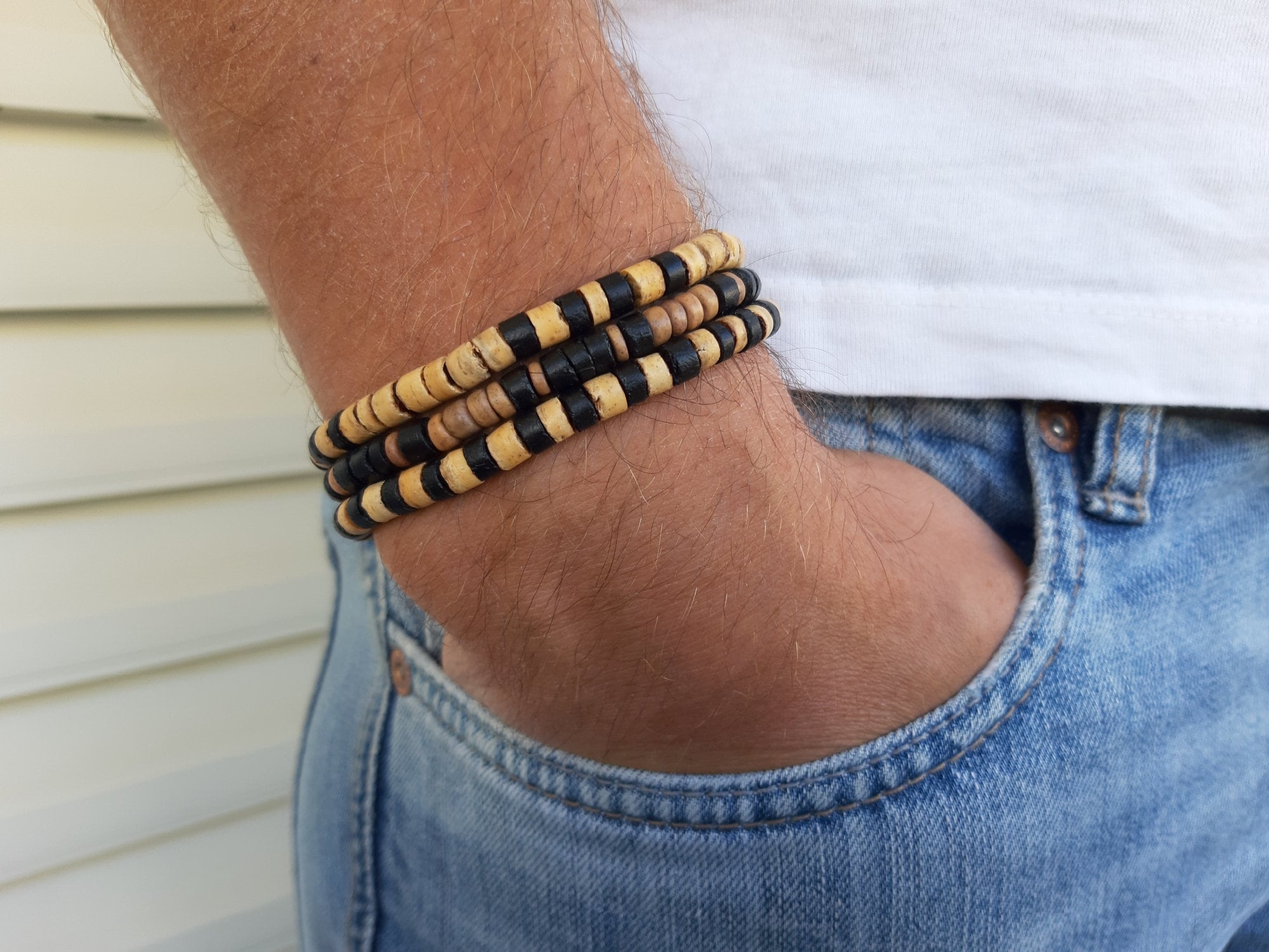 Men's Bracelet - Beaded Stretch Bracelet - Surfer - Natural Coconut ...