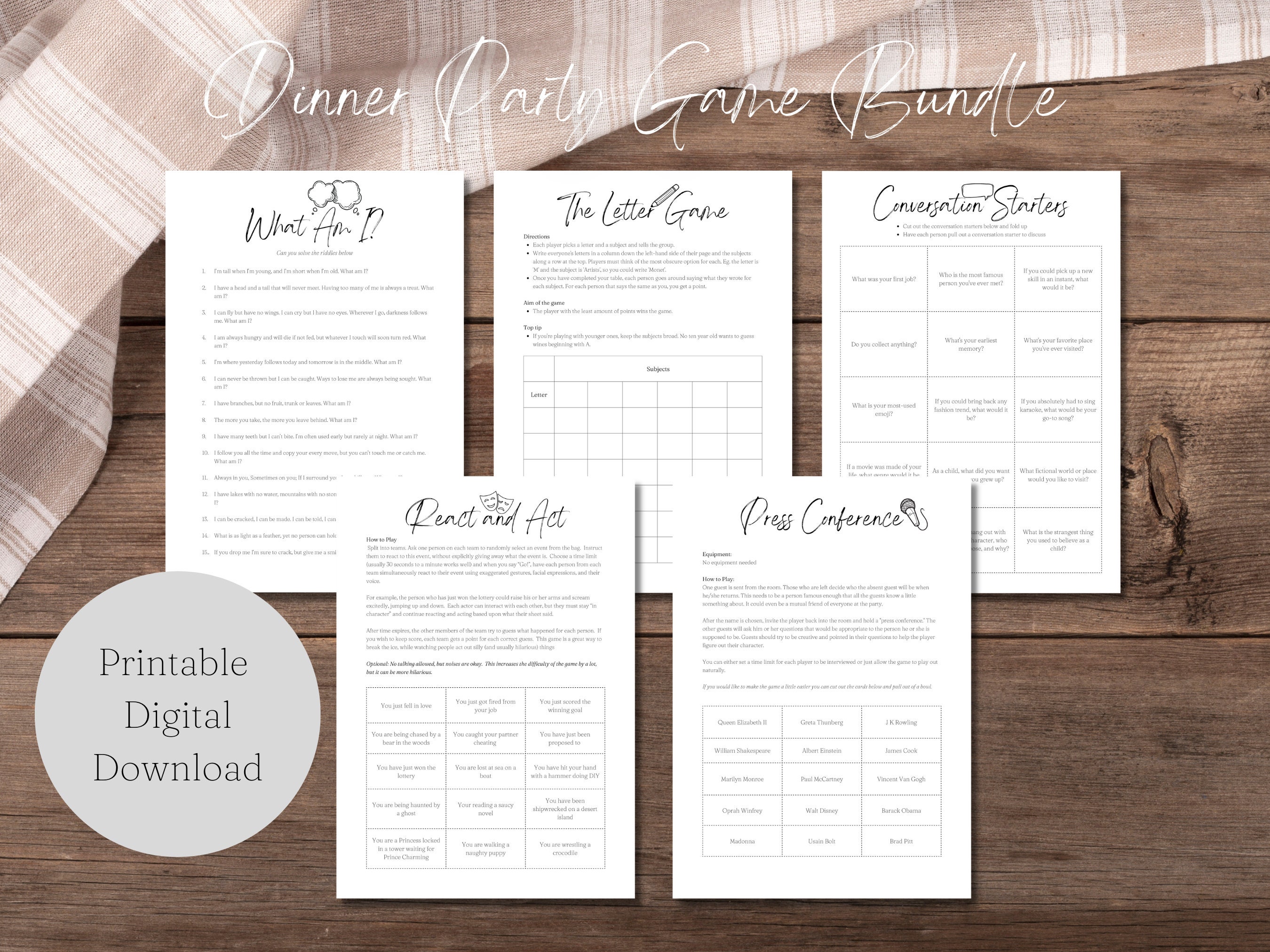 Printable Dinner Party Game React and Act Icebreaker - Etsy