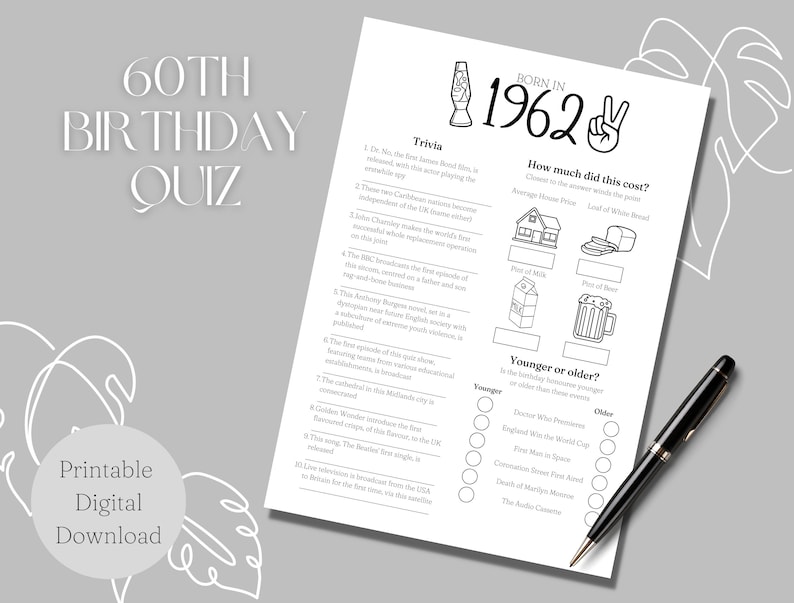 Born in 1962 Printable Birthday Quiz | Trivia Party Game | 60th ...