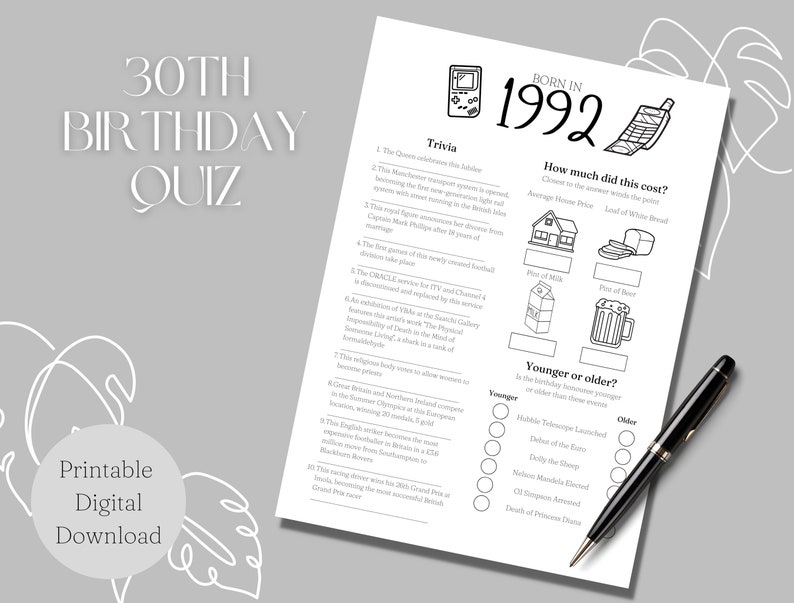 Born in 1992 Printable Birthday Quiz | Trivia Party Game | 30th ...