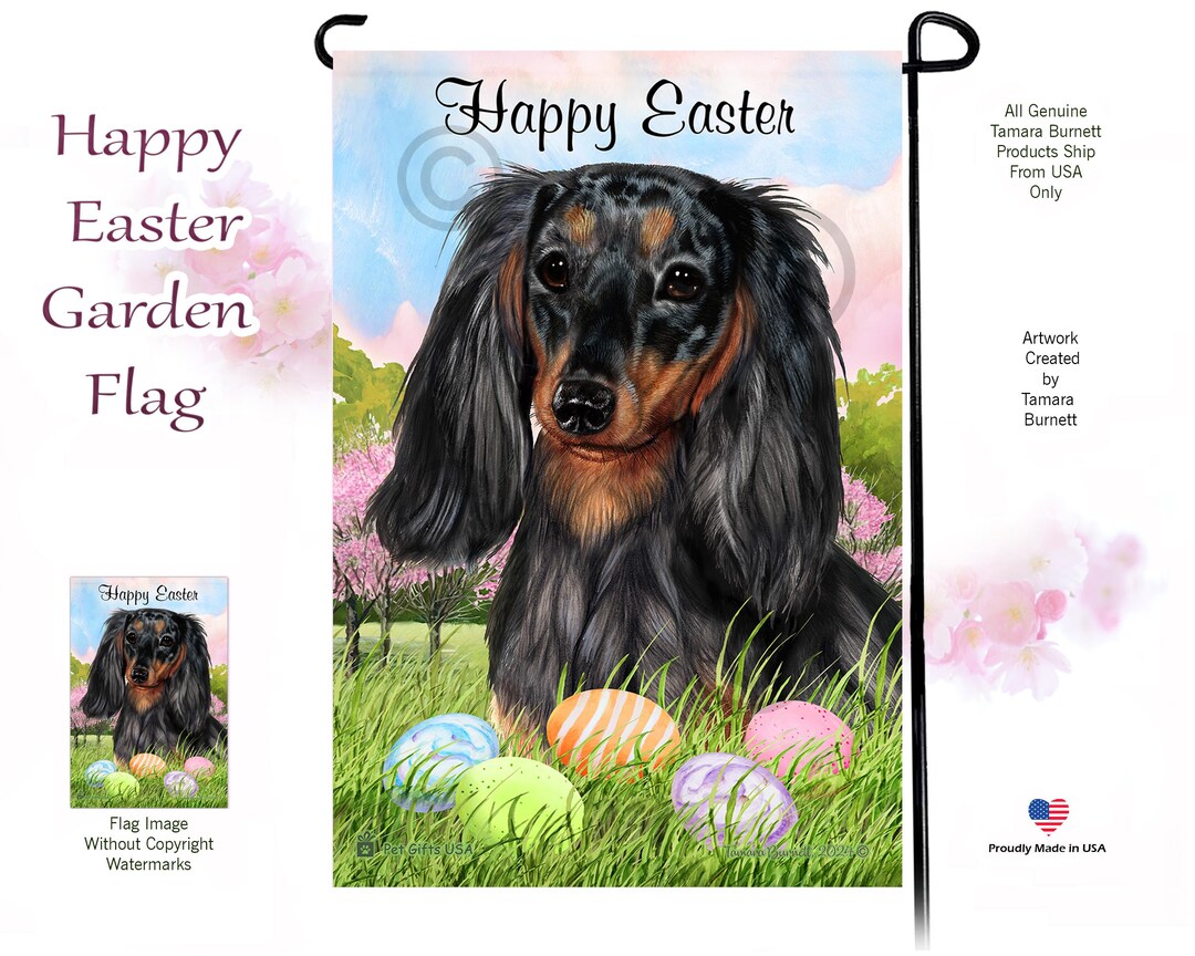 Dachshund (longhair Dark Black and Tan Dapple) - Happy Easter Garden ...