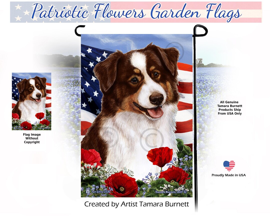 Australian Shepherd (red, Tri-color) - Patriotic Flowers Garden Flag ...