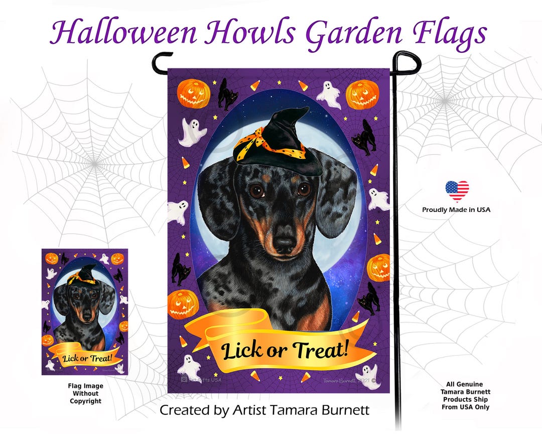 Dachshund shorthair Dark Black & Tan Dapple Halloween Howls Garden Flag ...