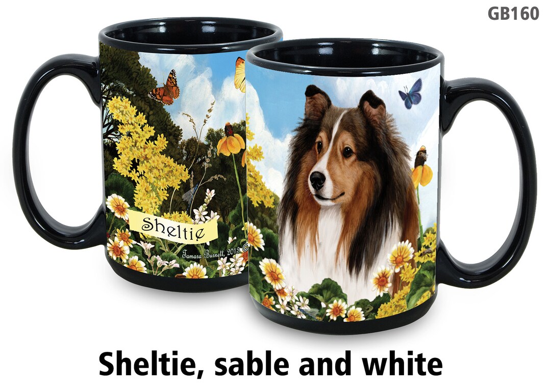 Sheltie Sable & White Garden Party 15 Oz Black Coffee Cup Mug, Dog and ...