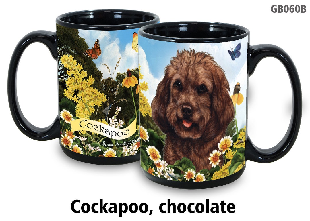 Cockapoo Chocolate Garden Party 15 Oz Black Coffee Cup Mug, Dog and Cat ...