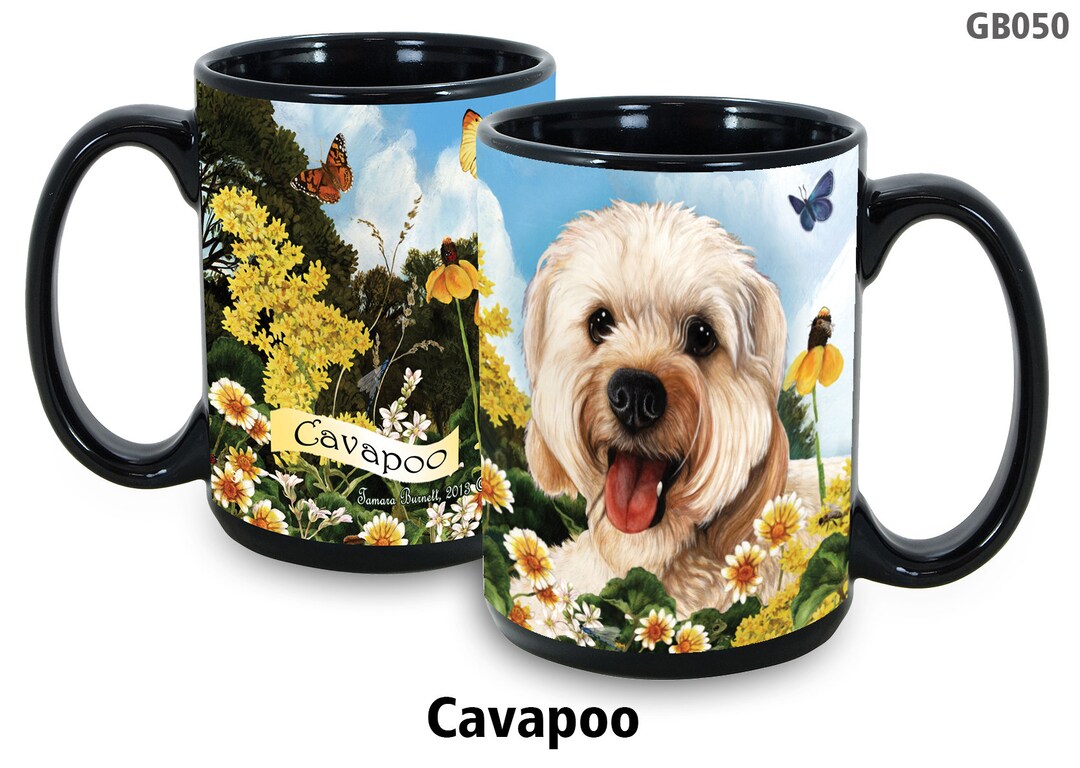 Cavapoo Garden Party 15 Oz Black Coffee Cup Mug, Dog & Cat Pet Gift ...