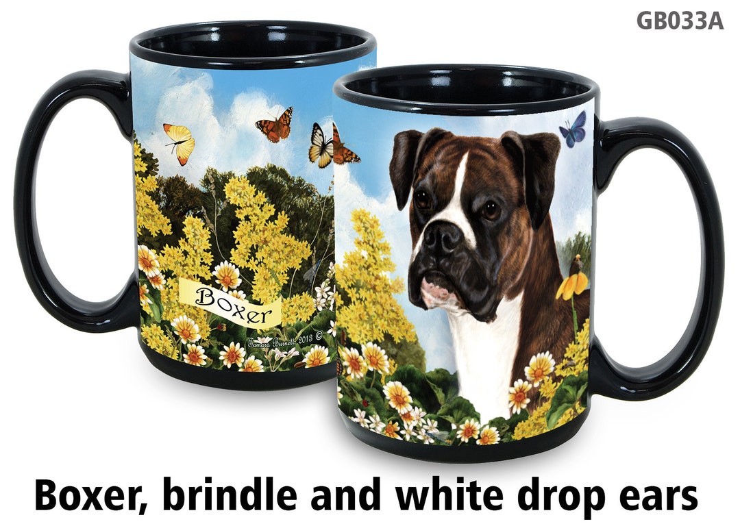 Boxer Brindle Uncropped Garden Party 15 Oz Black Coffee Cup Mug, Dog ...