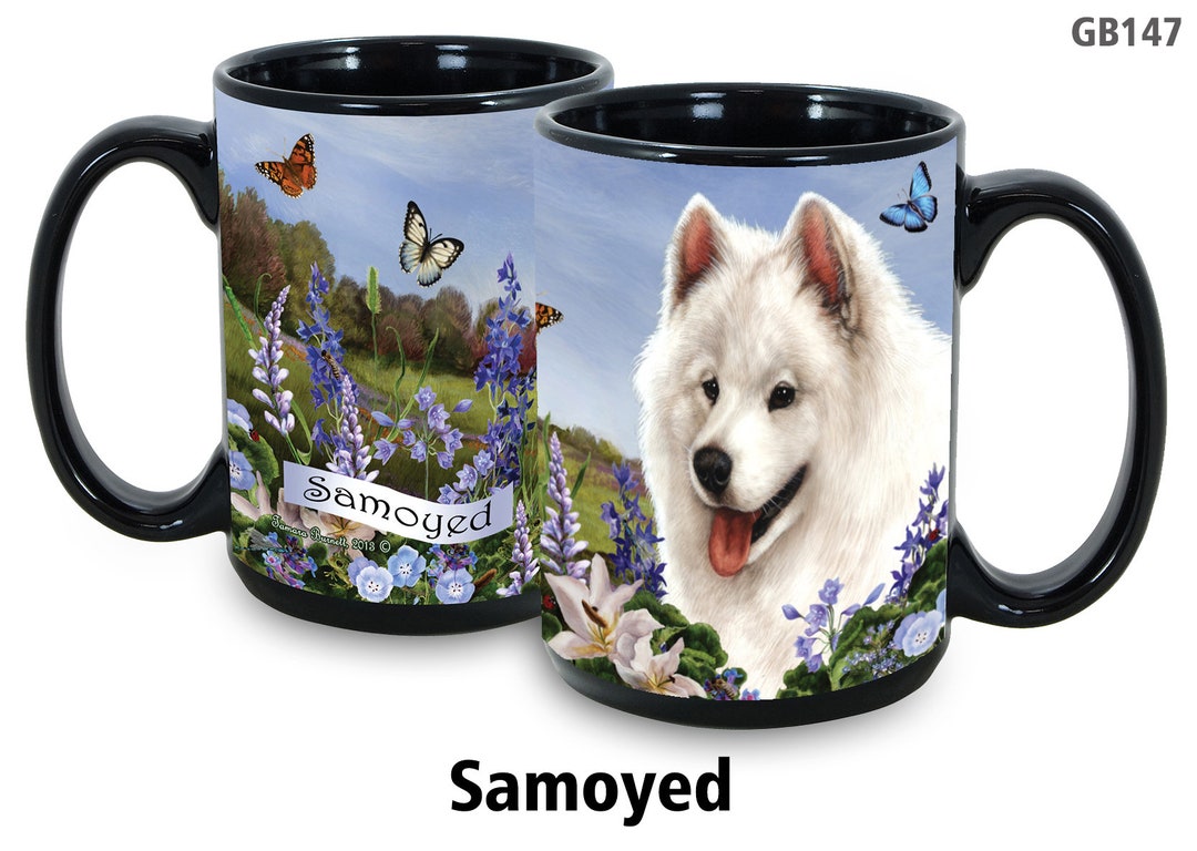 Samoyed Garden Party 15 Oz Black Coffee Cup Mug, Dog and Cat Pet Gift ...