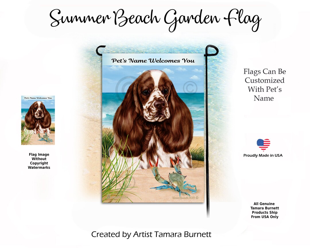 Cocker Spaniel Chocolate & White Parti Summer Beach Scene Garden Flag ...