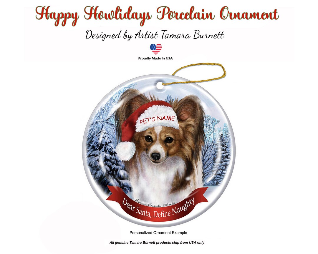 Papillon sable & White Santa Hat Porcelain Christmas Ornament select ...