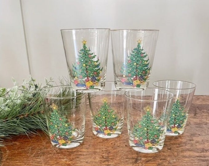 Set Of 6 Vintage Christmas Tree Glasses Tumblers Barware Etsy