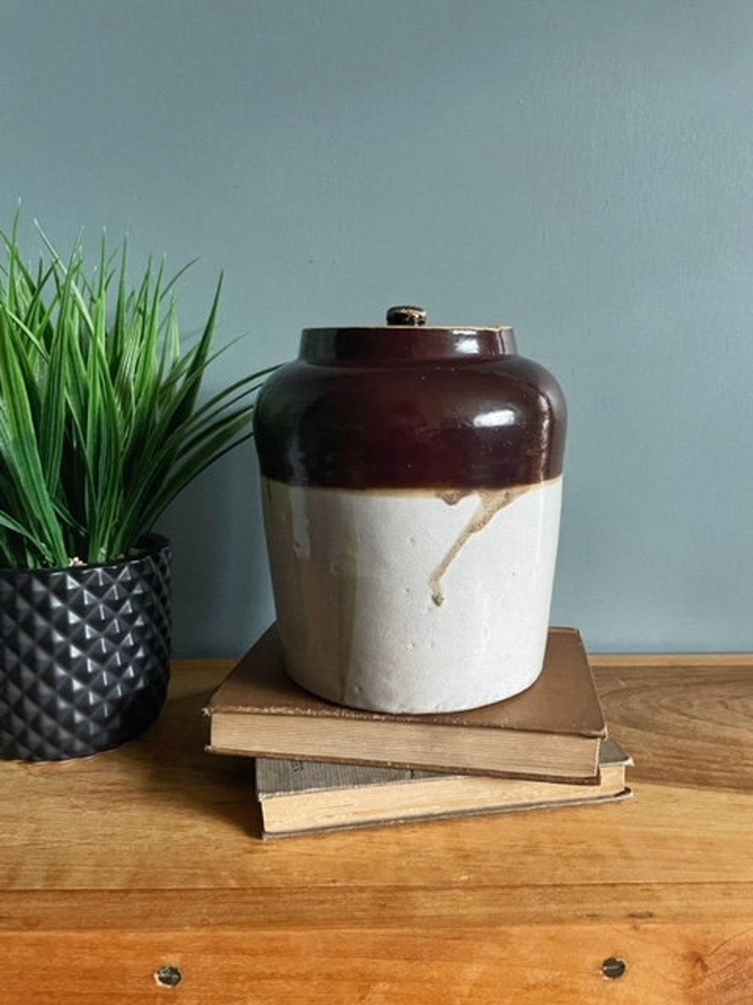 Vintage Stoneware Crock Two Toned Farmhouse Crock With Lid - Etsy