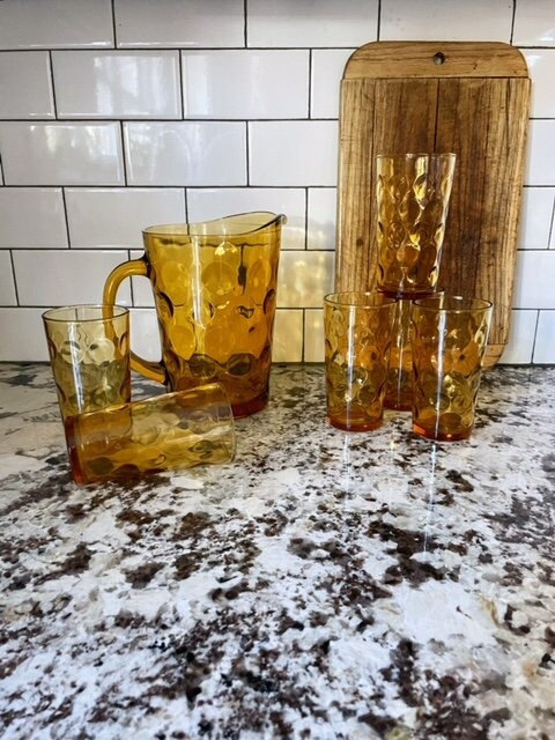 7 Piece Set Pitcher and Glasses Amber Colored Vintage Glassware Barware ...