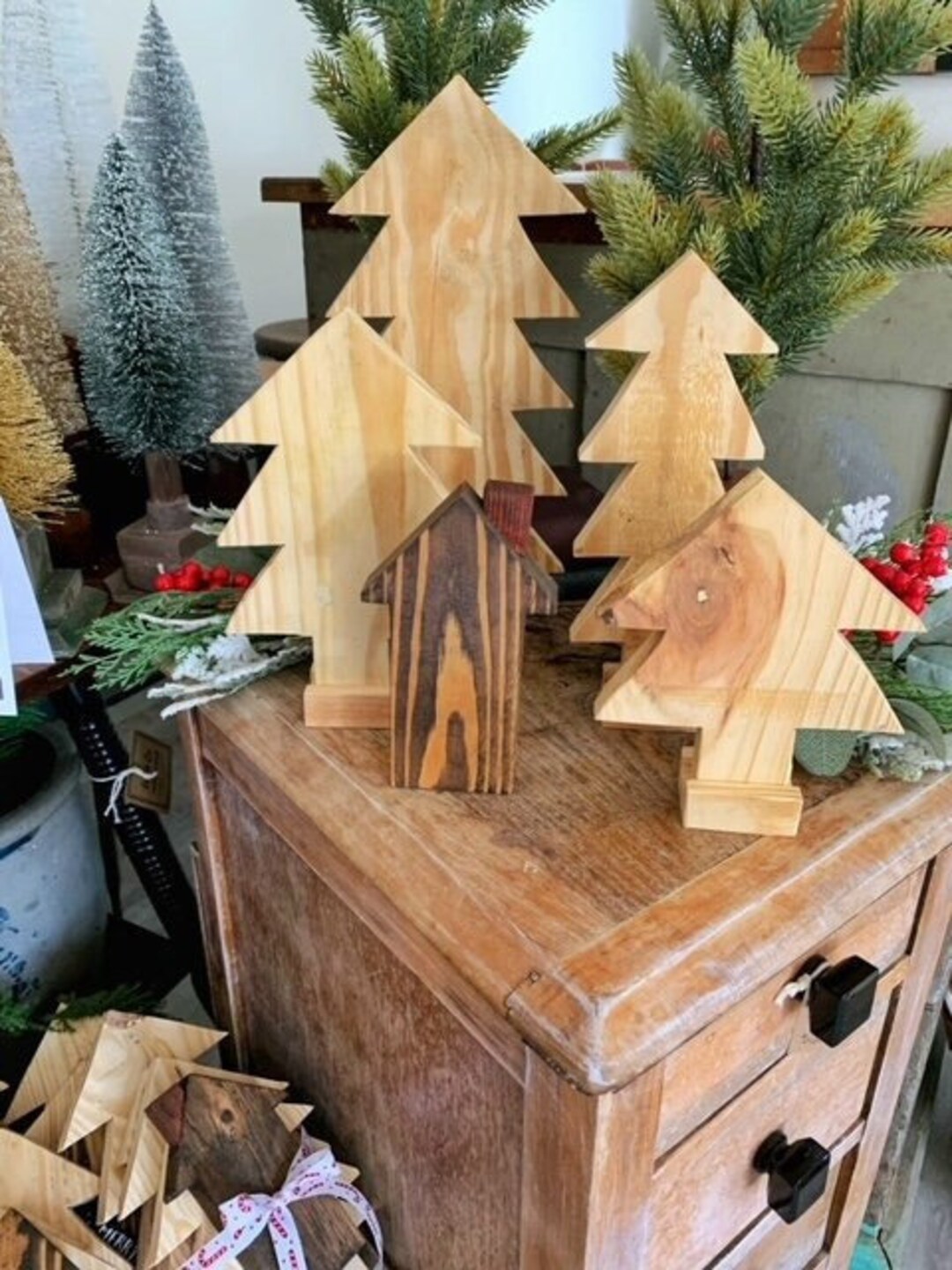 Primitive Wooden Christmas Tree 5 Piece Set Rustic Holiday Decor - Etsy