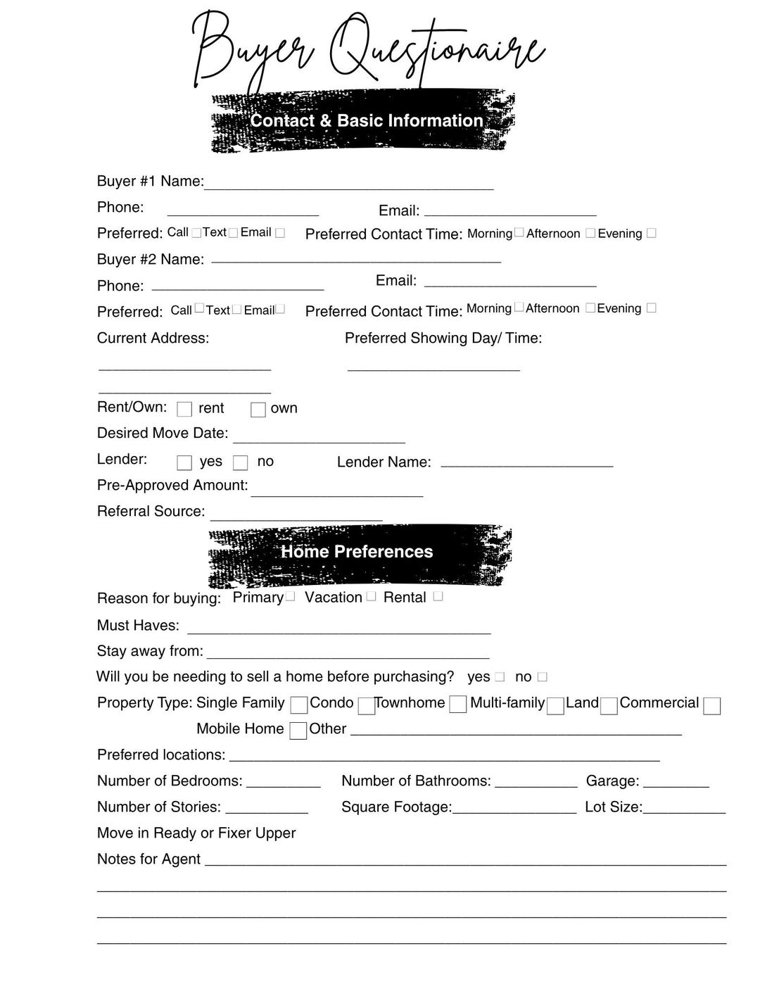 Real Estate Home Buyer Questionnaire | Realtor Client Intake Form ...