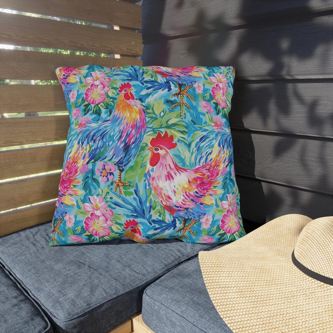 Colorful Preppy Chickens Farm Farmhouse Outdoor Pillows, Garden Decor ...