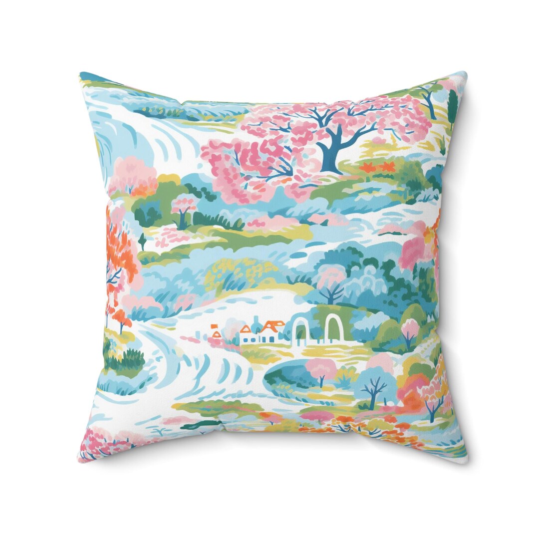 Preppy Colonial House Trees River Virginian Pattern Square Pillow ...