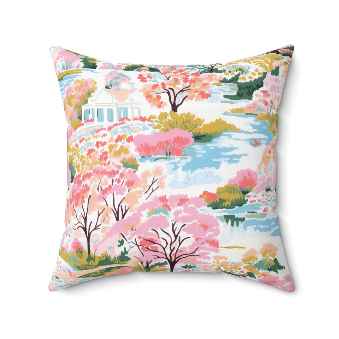 Preppy Colonial House Trees River Virginian Pattern Square Pillow ...
